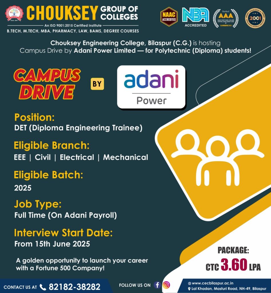 Campus Placement Opportunity with Adani Power – For Diploma Students ...